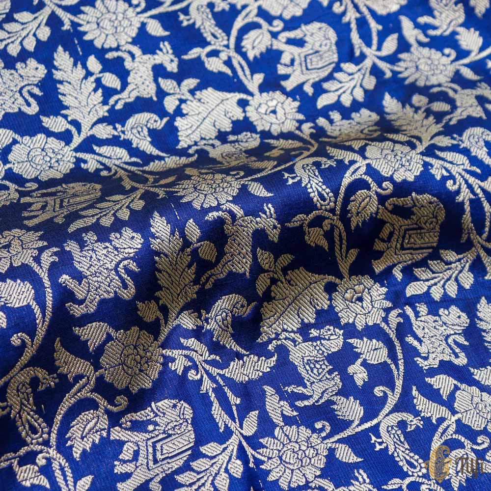 Midnight Blue Pure Satin Silk Banarasi Handloom Fabric - Tilfi