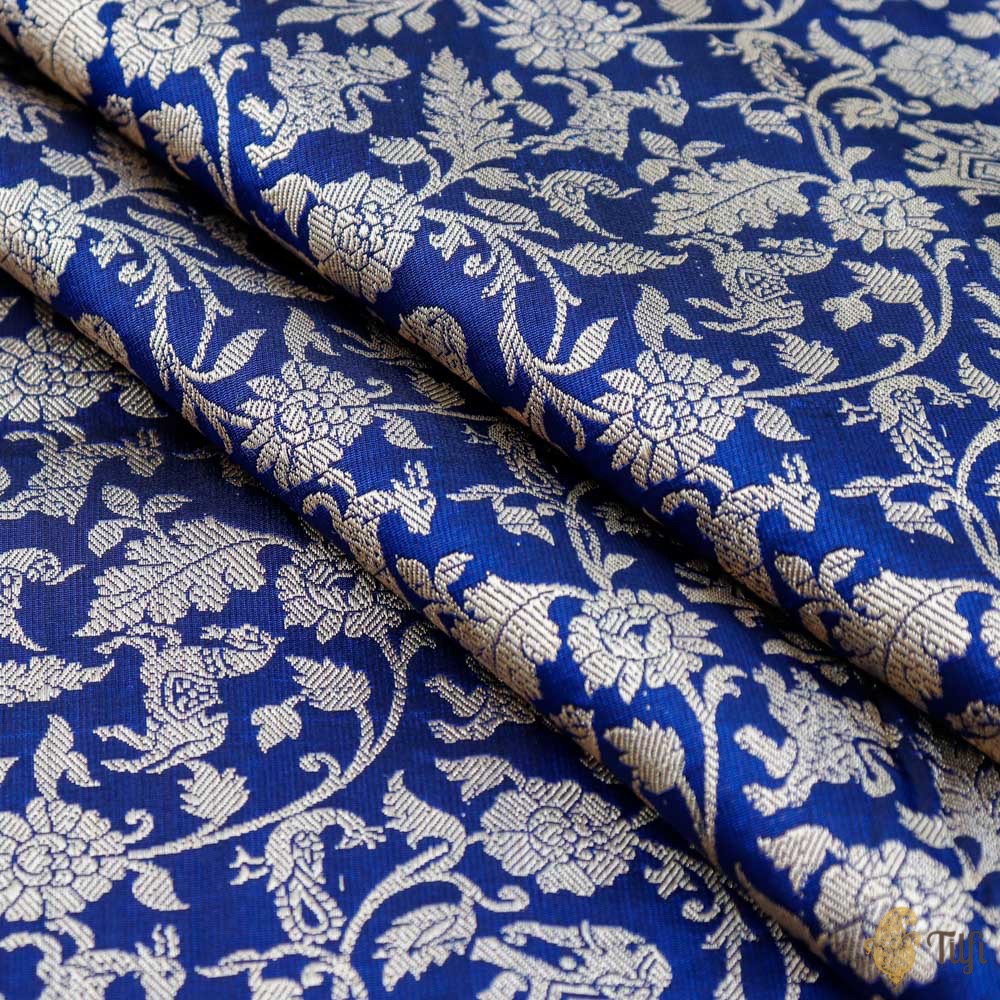 Midnight Blue Pure Satin Silk Banarasi Handloom Fabric - Tilfi