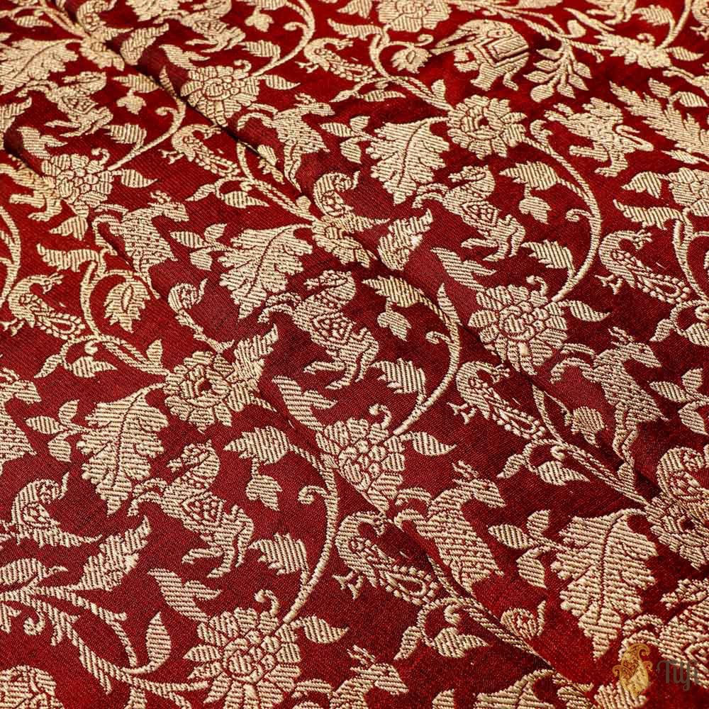 Deep Maroon Pure Satin Silk Banarasi Handloom Fabric - Tilfi