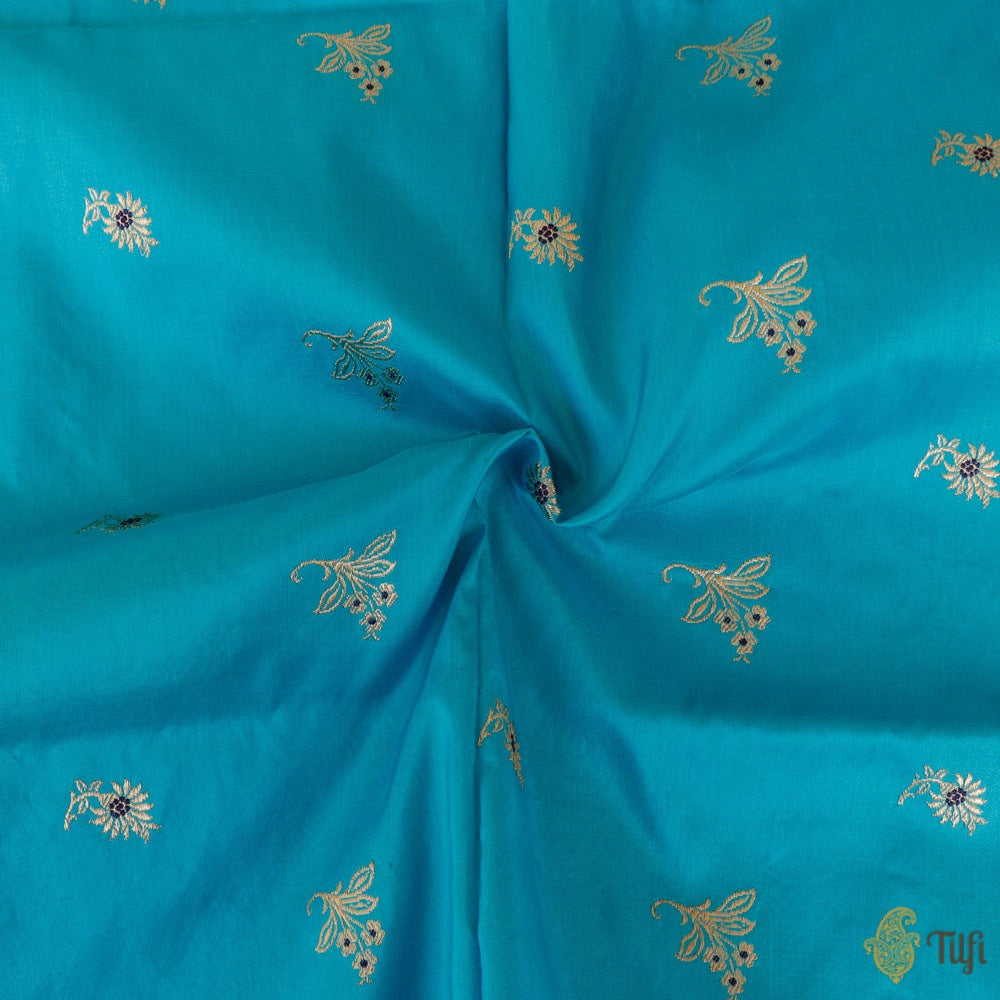 Firozi Blue Pure Katan Silk Banarasi Handloom Fabric - Tilfi