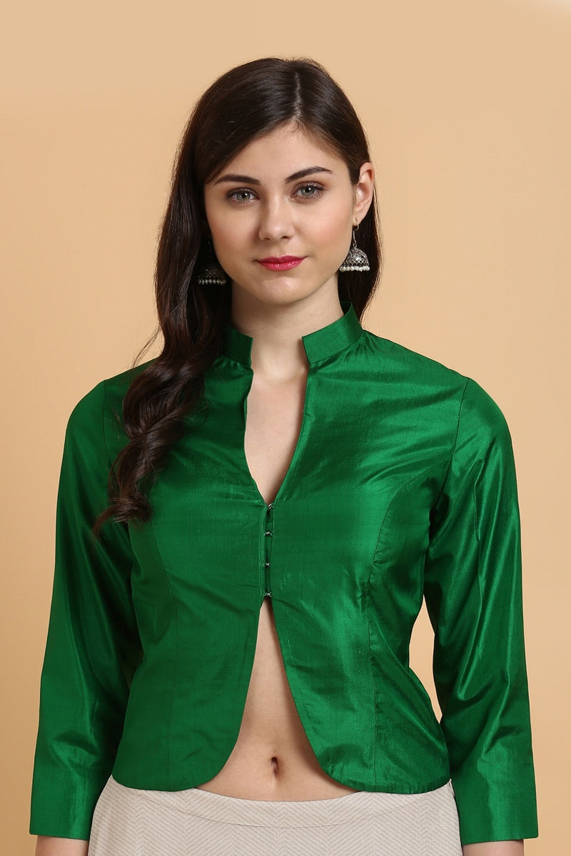 Green Pure Silk Jacket-Style Essentials Blouse - Tilfi