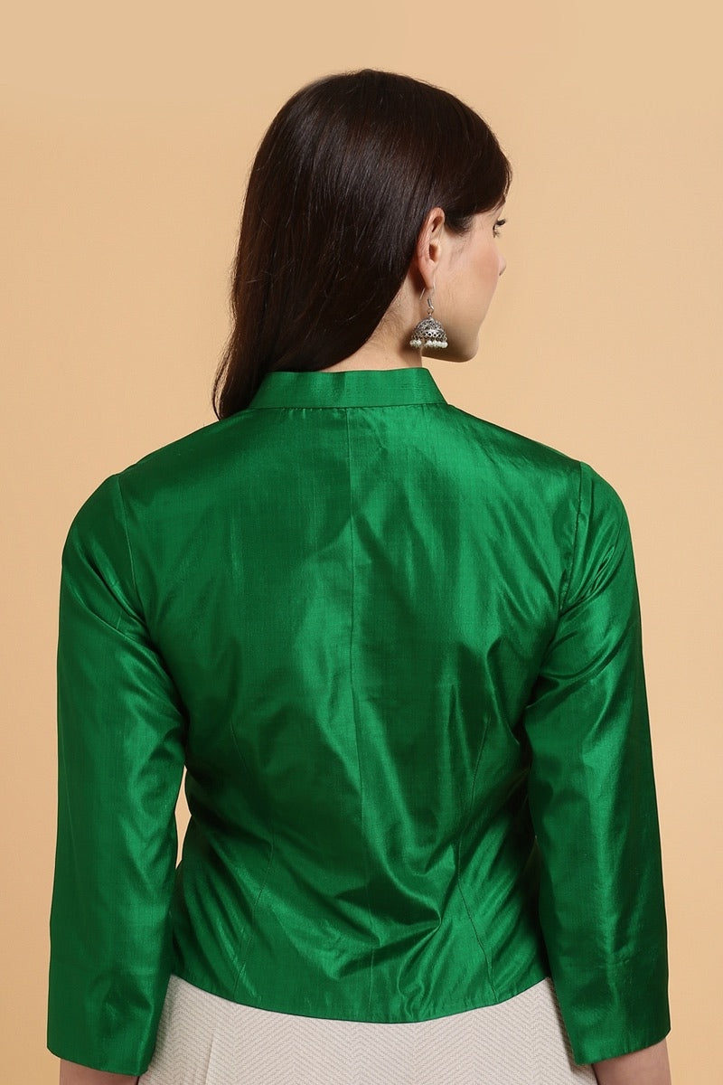 Green Pure Silk Jacket-Style Essentials Blouse - Tilfi