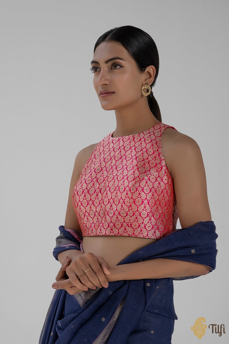 Red-Rani Pink Pure Katan Silk Handloom Banarasi Blouse - Tilfi