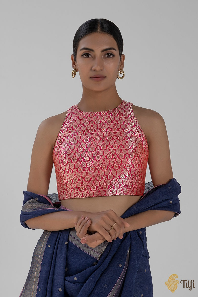 Red-Rani Pink Pure Katan Silk Handloom Banarasi Blouse - Tilfi