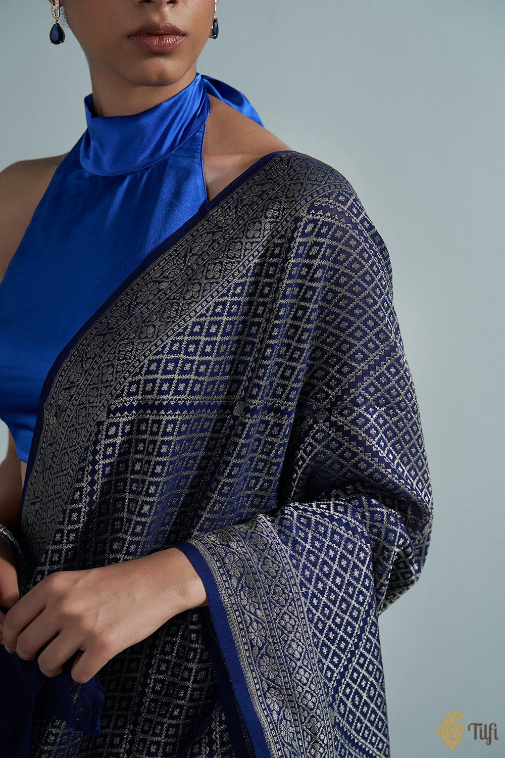 Royal Blue Halter Satin Silk Blouse - Tilfi