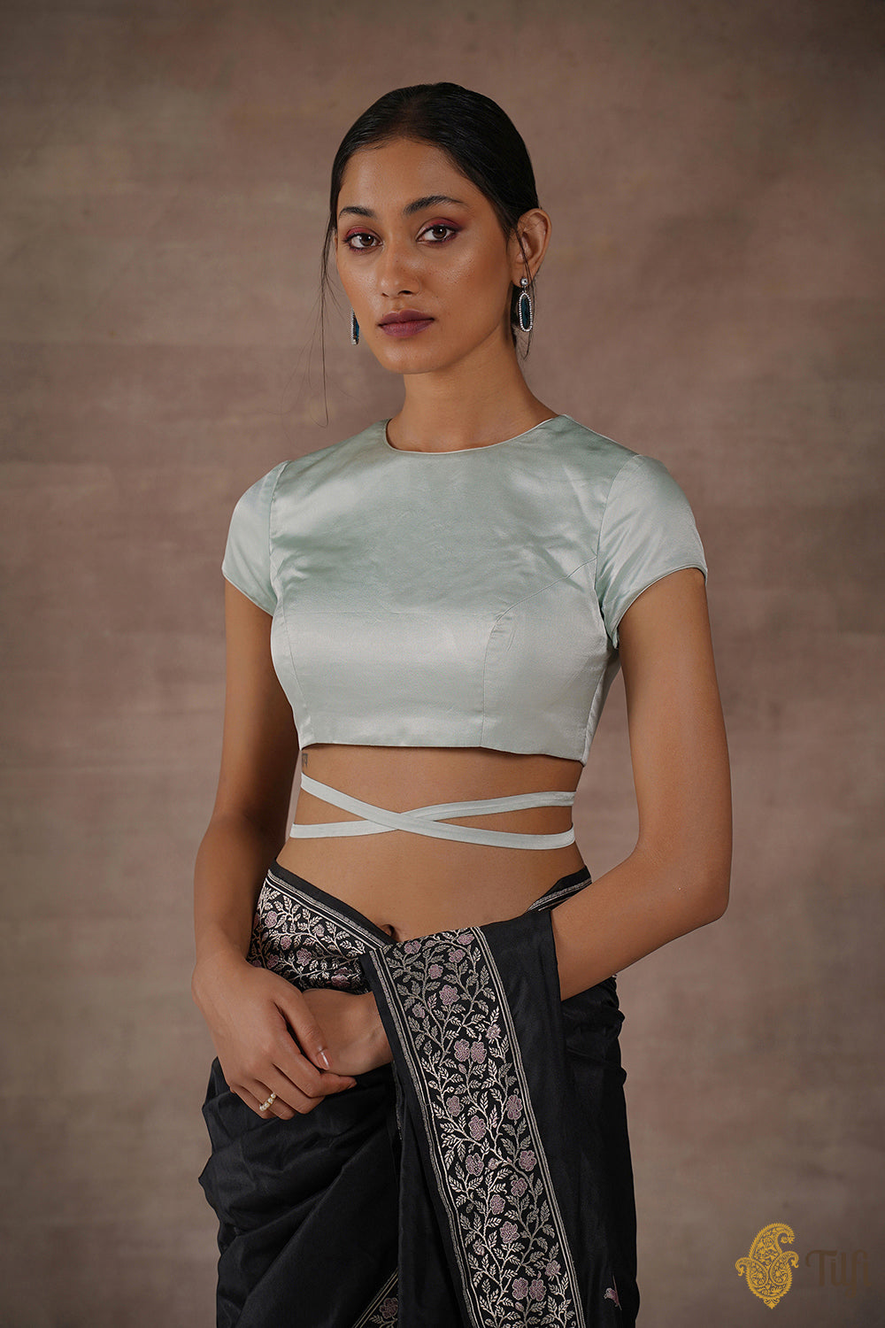 Light Blue Midriff Floss Satin Silk Blouse - Tilfi