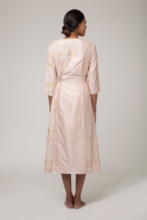 Powder Pink Banarasi Silk Cotton & Monga Silk Wrap-Dress - Tilfi