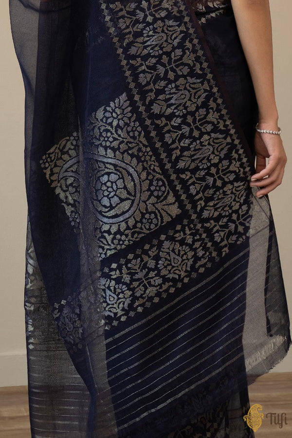 Pre-Order: 'Damini' Deep Navy Blue Pure Cotton Jamdani Banarasi Handlo ...